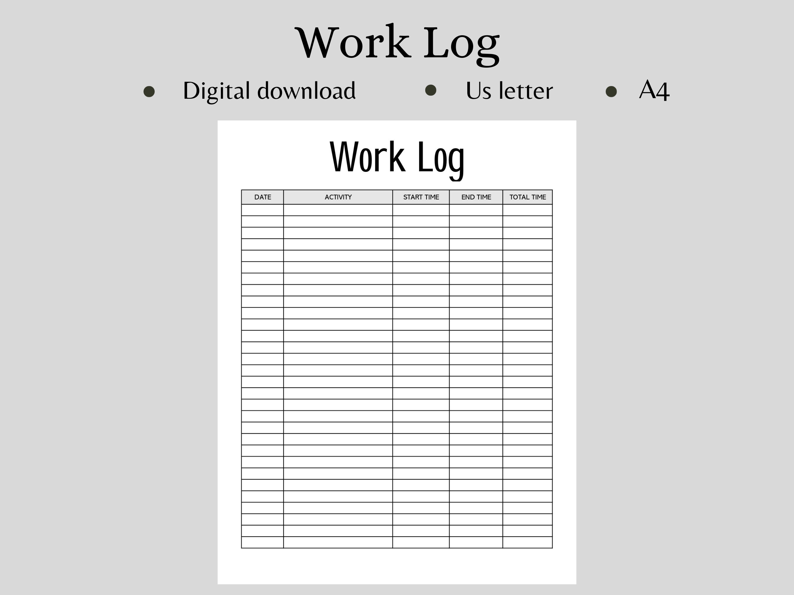 Printable Work Log, Work Time Tracker, Time Spent Tracker, Timelog ...