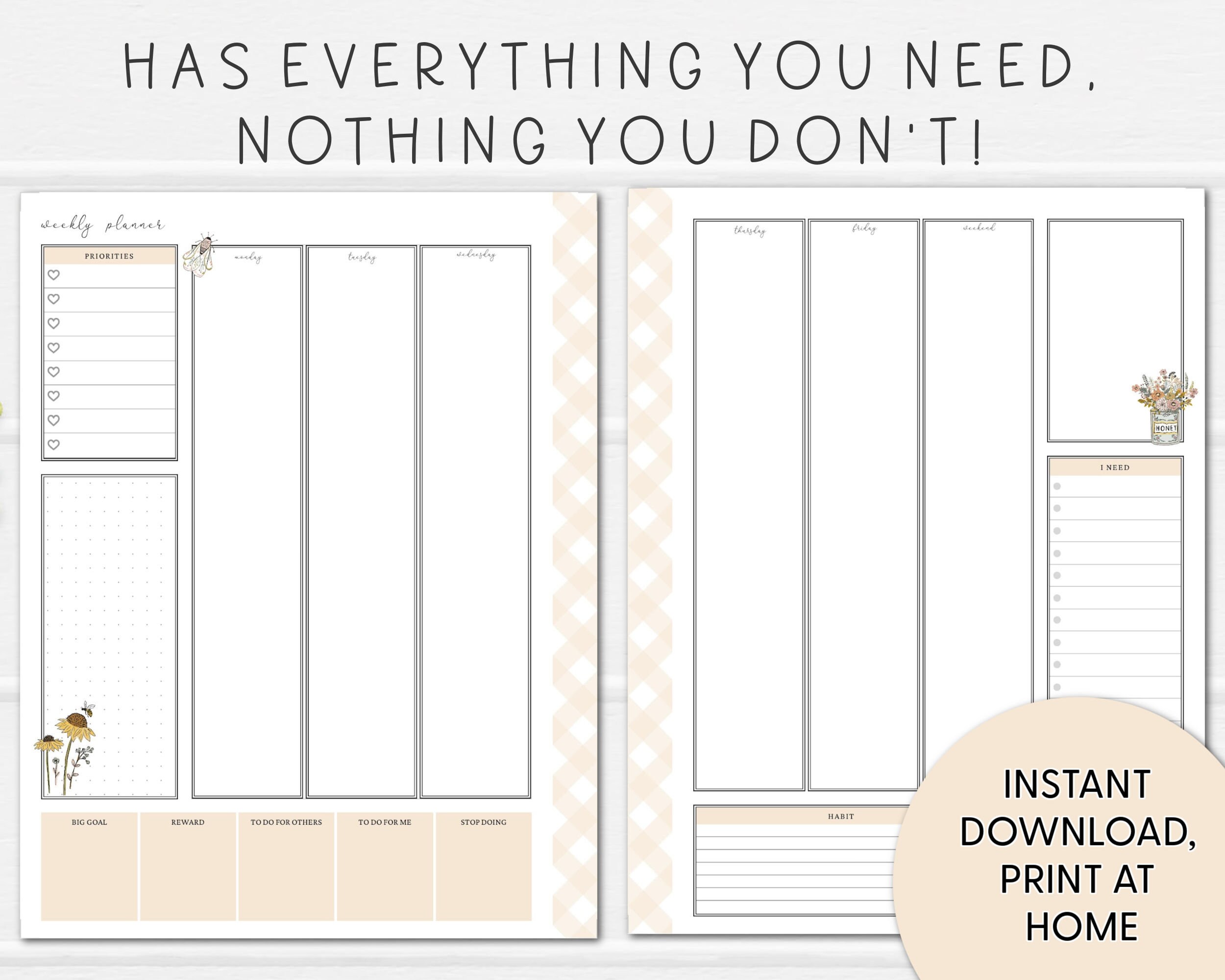 Printable Vertical Weekly Planner Insert (split Layout) US Letter Size ...