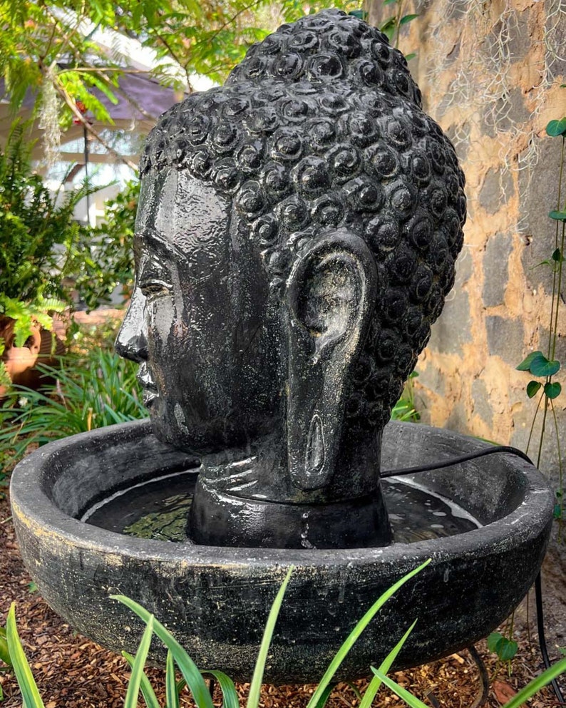 Volcanic Stone Buddha Head Fountain: 28" Garden Statue With Basin - Etsy