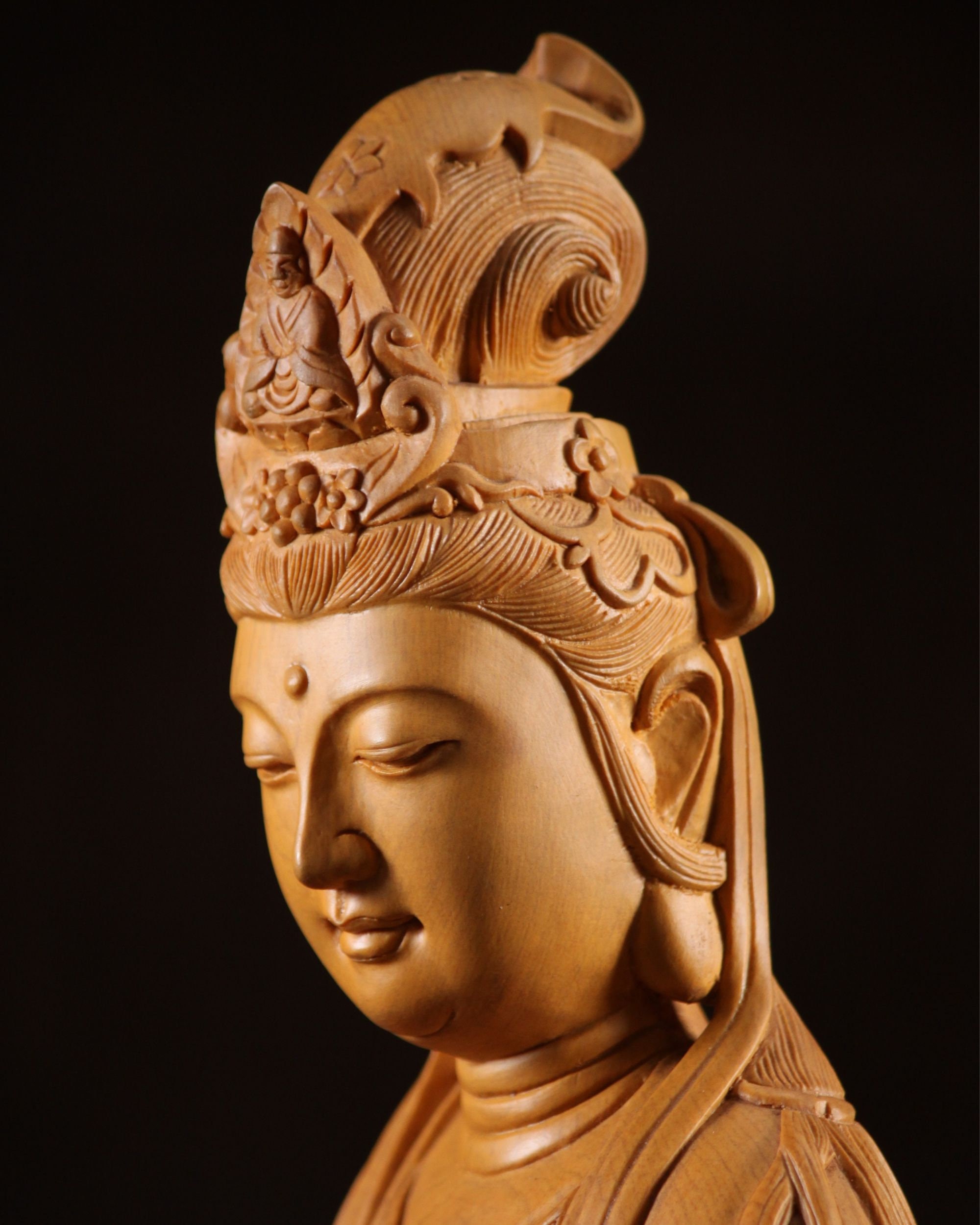 Hand Carved Wood Statue of Avalokiteshvara Seated on Ricky Crag With a ...
