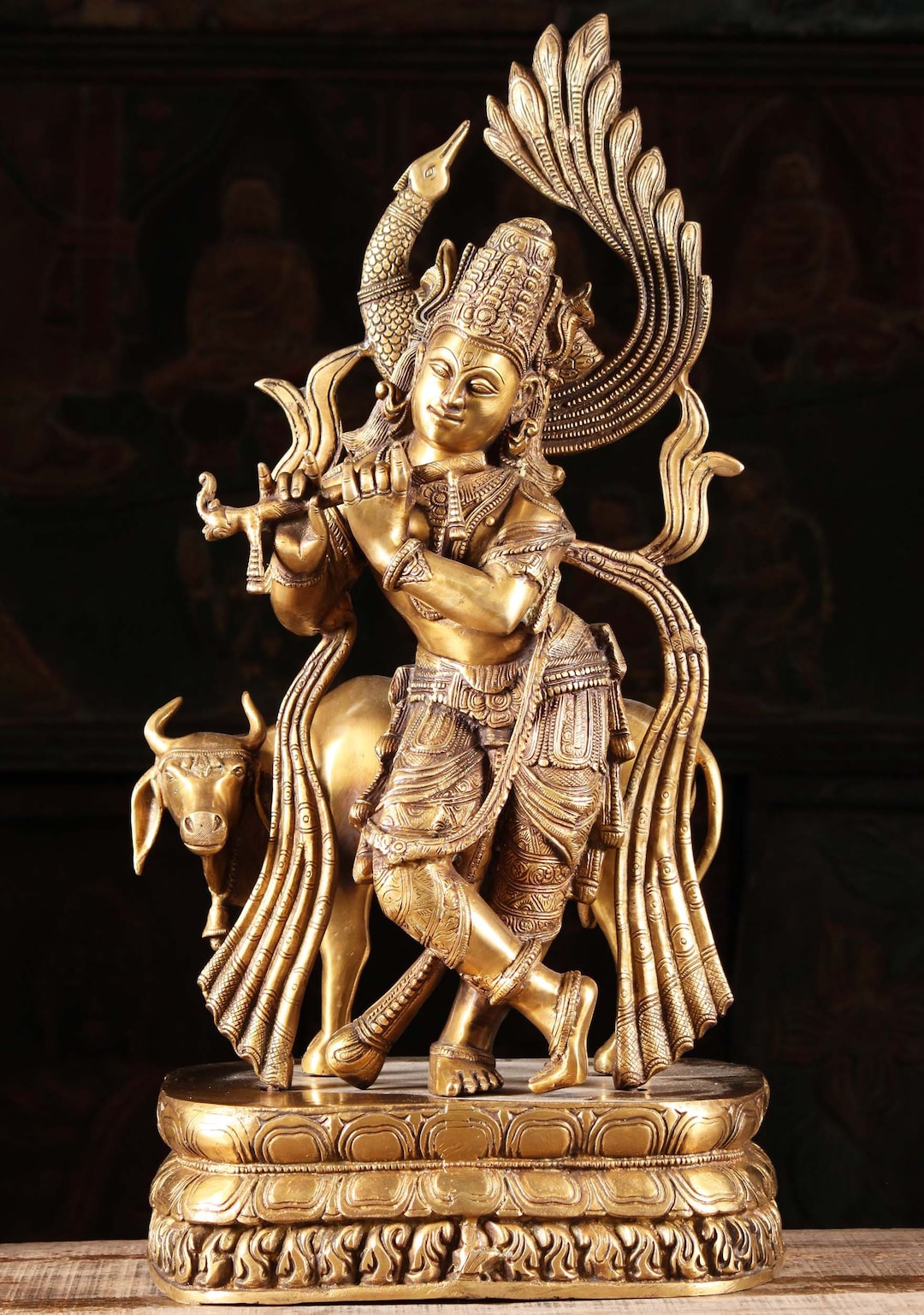 Golden Krishna With Cow Brass Statue - 26" Flute-playing Deity, Peacock ...