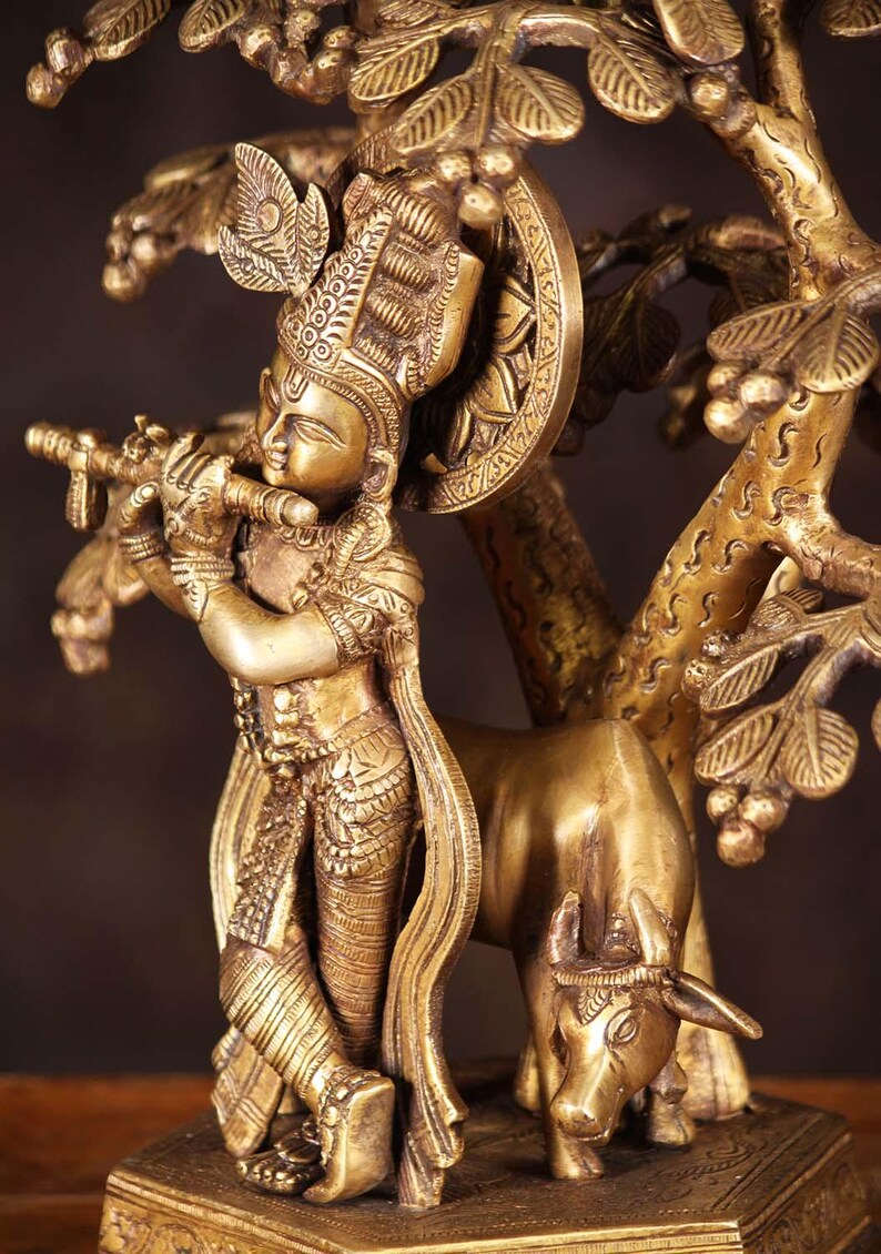 Krishna Brass Statue: Hindu Vishnu Avatar With Cow & Peacocks, 13” - Etsy