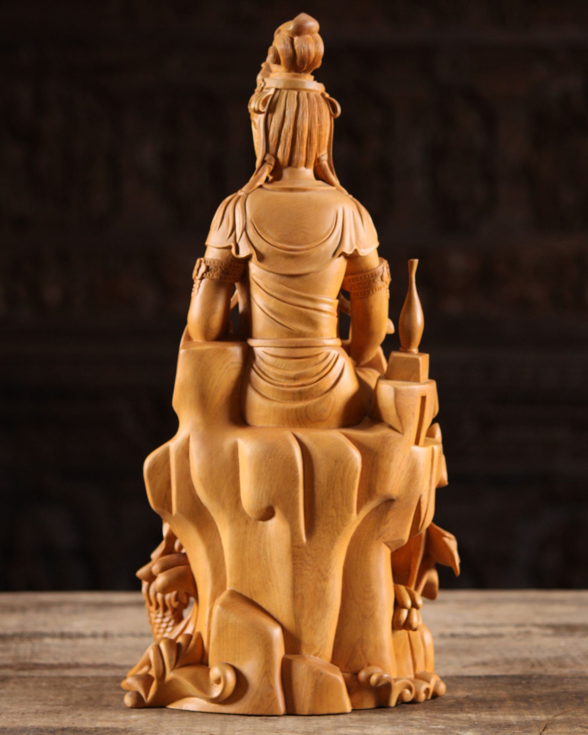 Hand Carved Wood Statue of Avalokiteshvara Seated on Ricky Crag With a ...