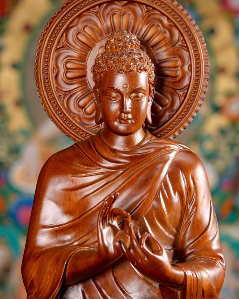 Hand Carved Wood Seated Buddha Sculpture in Dharma Chakra Mudra With ...