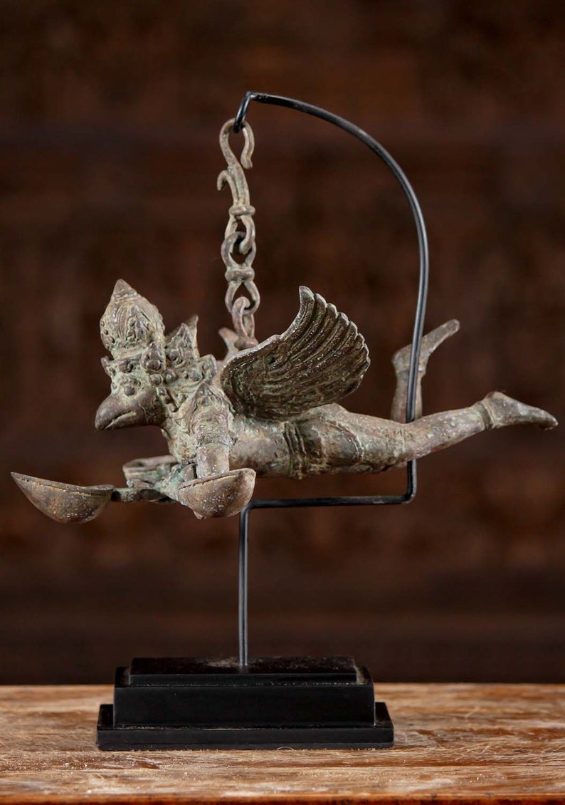 Balinese Style Garuda Statue With Deepam Lamps - 12" Brass Cast Vishnu ...