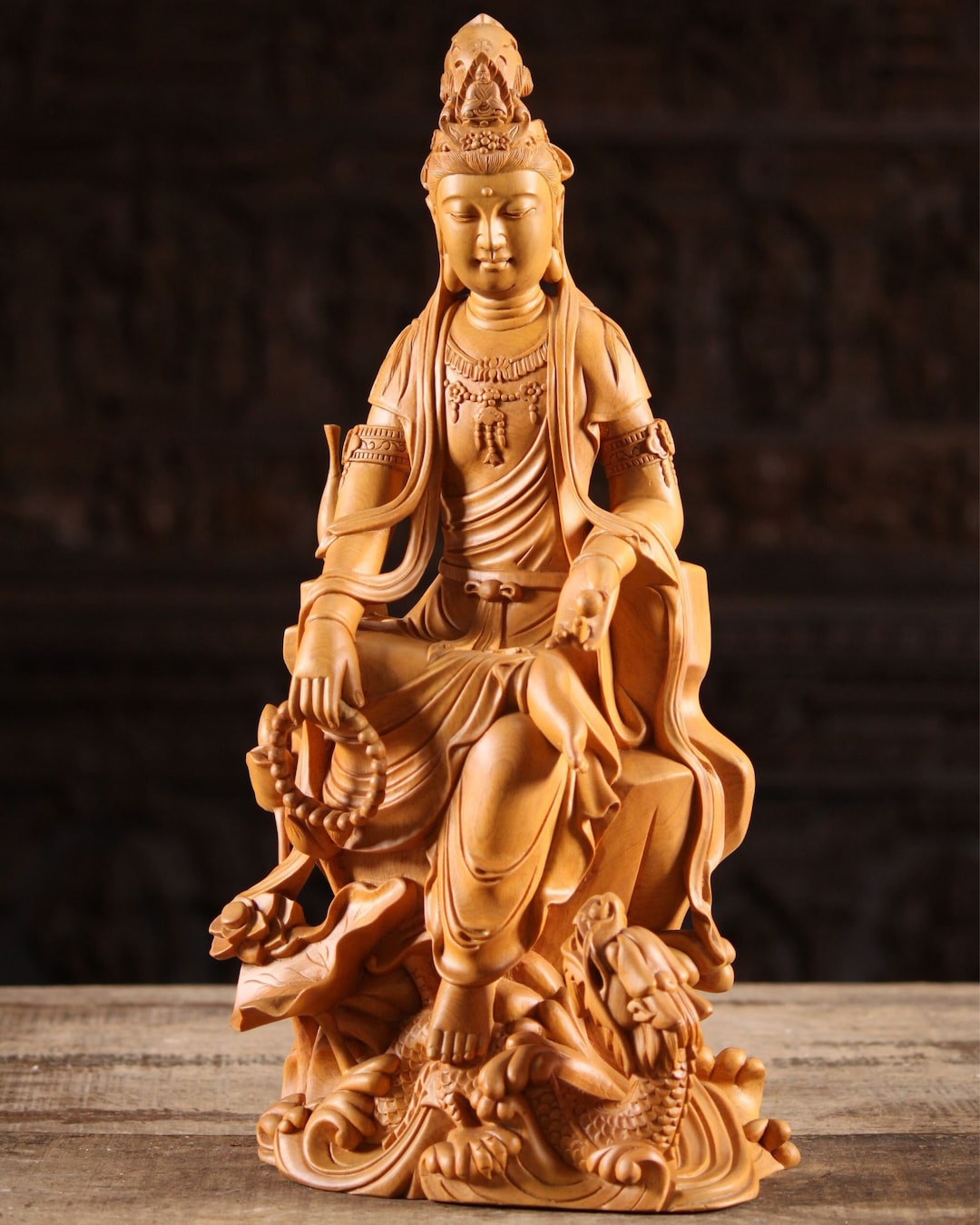Hand Carved Wood Statue of Avalokiteshvara Seated on Ricky Crag With a ...