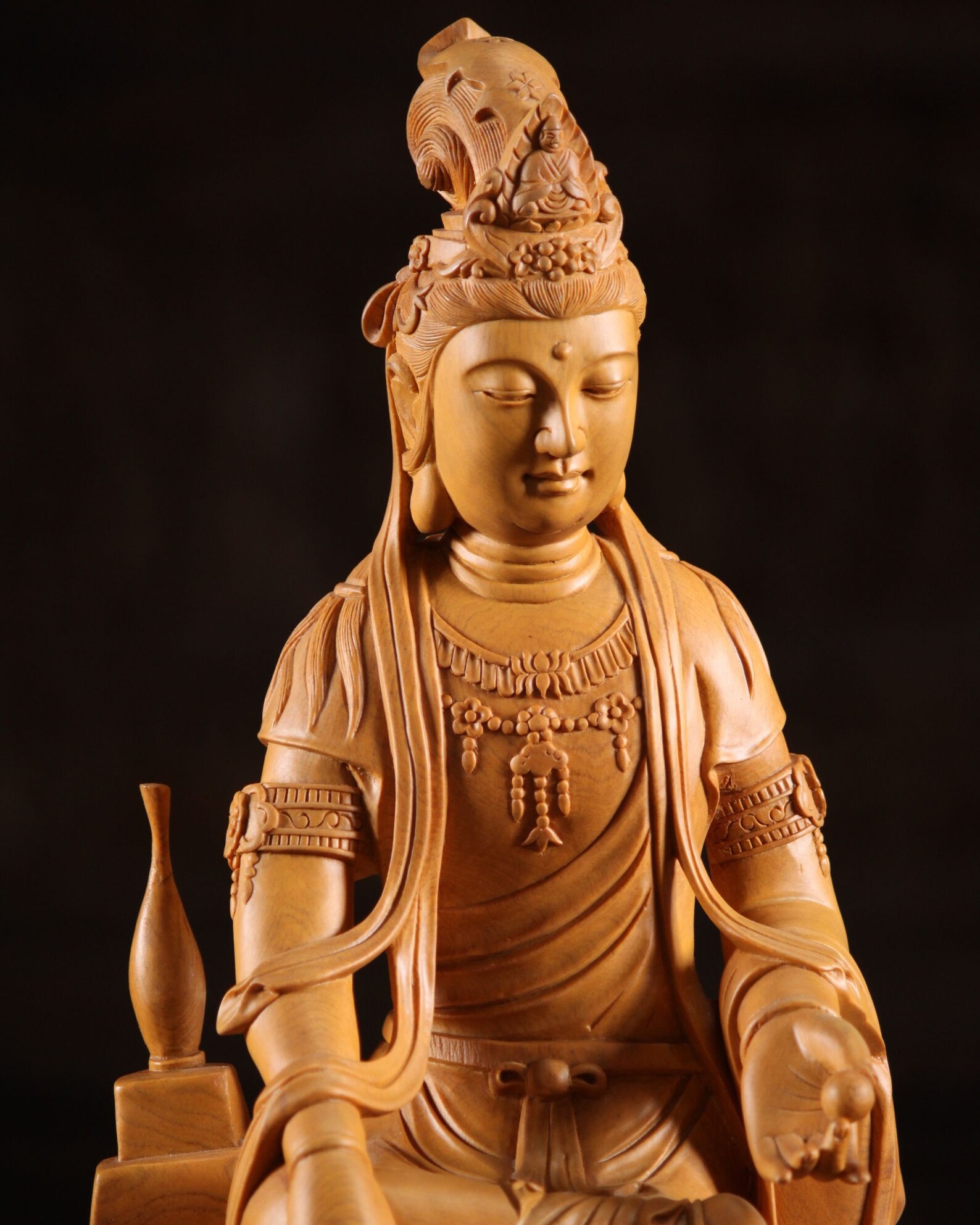 Hand Carved Wood Statue of Avalokiteshvara Seated on Ricky Crag With a ...