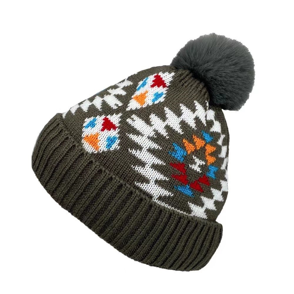 Hand Crafted Native American Pattern Knitted Fleece Lined Pom Beanie ...