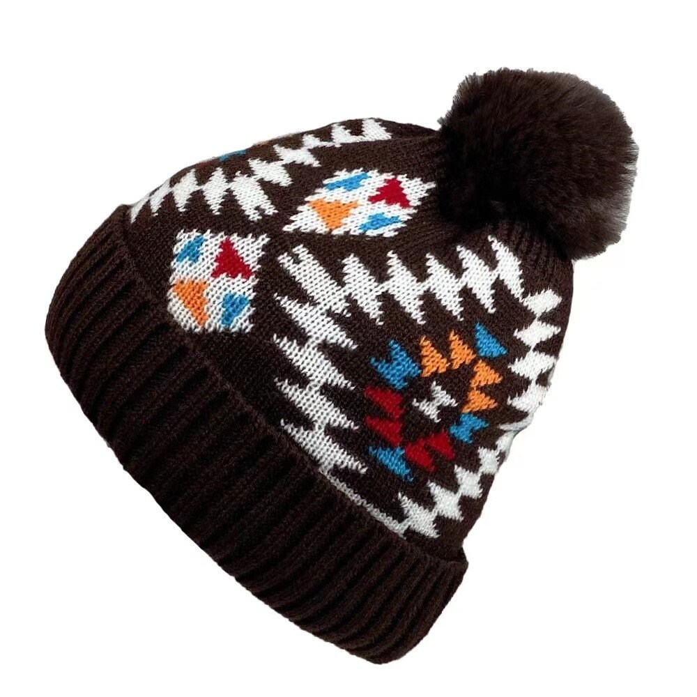 Hand Crafted Native American Pattern Knitted Fleece Lined Pom Beanie ...