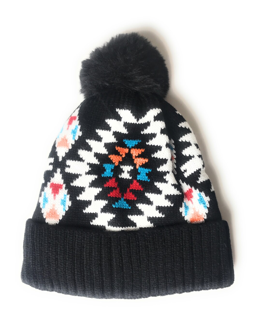 Hand Crafted Native American Pattern Knitted Fleece Lined Pom Beanie ...