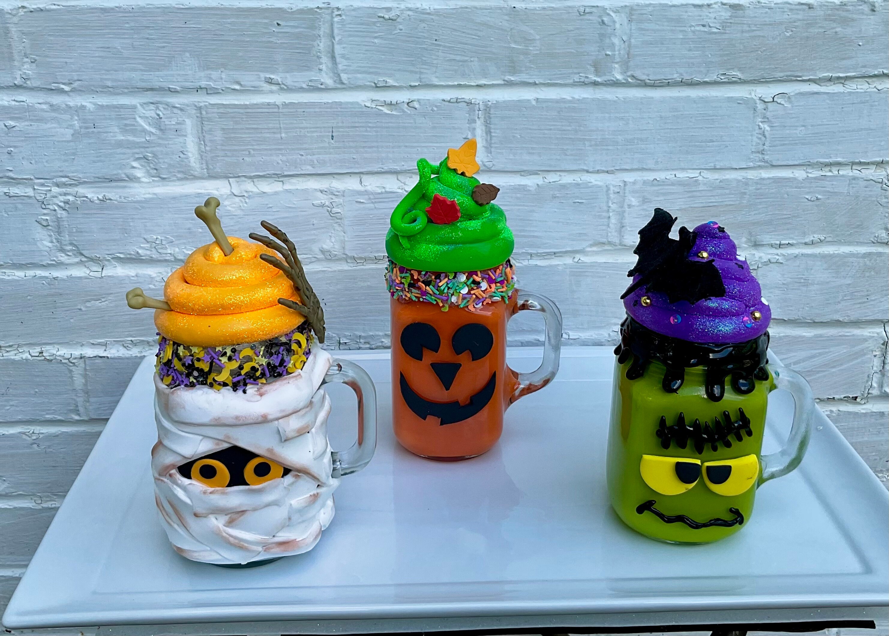 Faux Fake Bake Halloween Mugs Tiered Tray Decor Frankenstein Mummy ...
