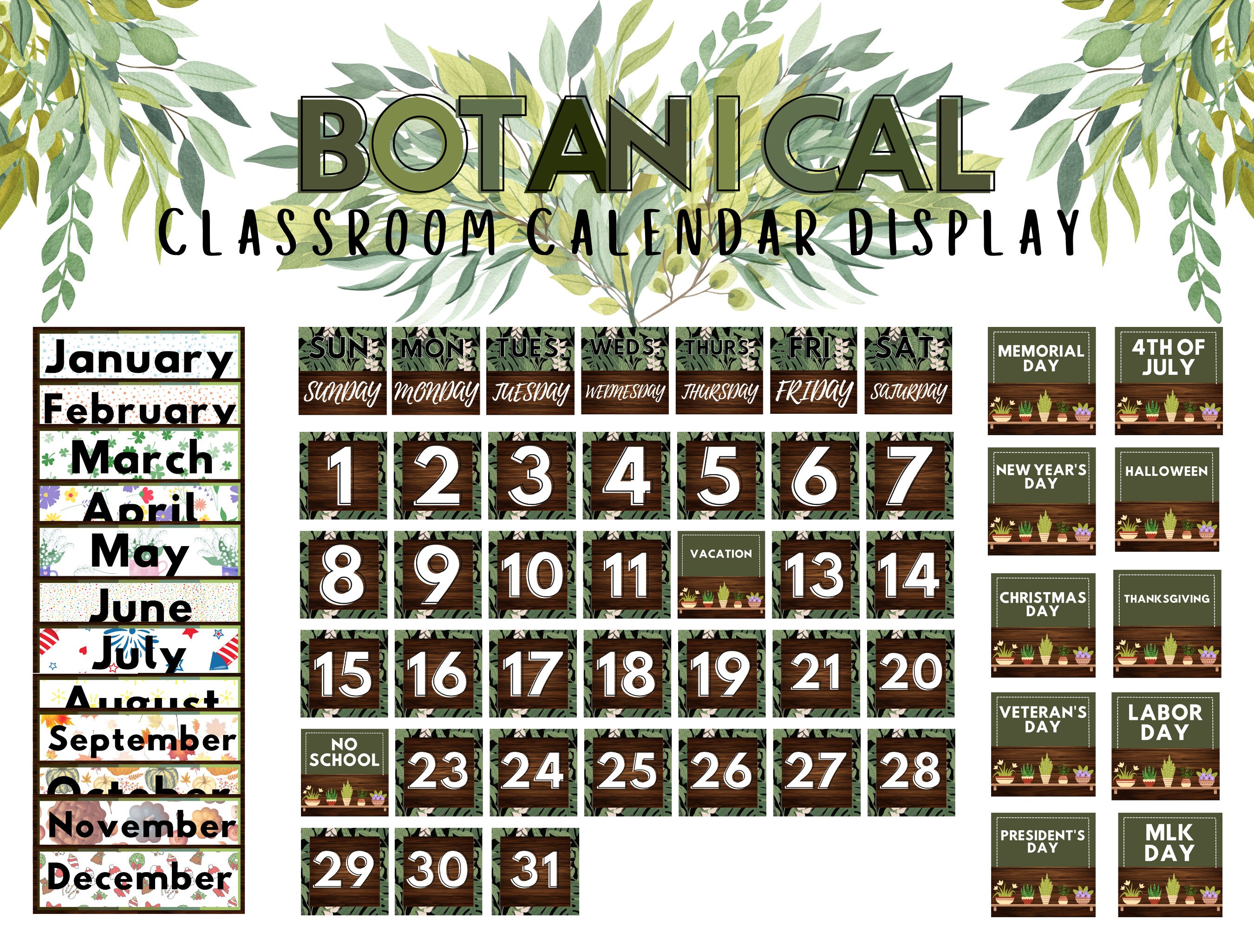 Botanical Themed Calendar Display Kit for Teachers DIGITAL DOWNLOAD ...