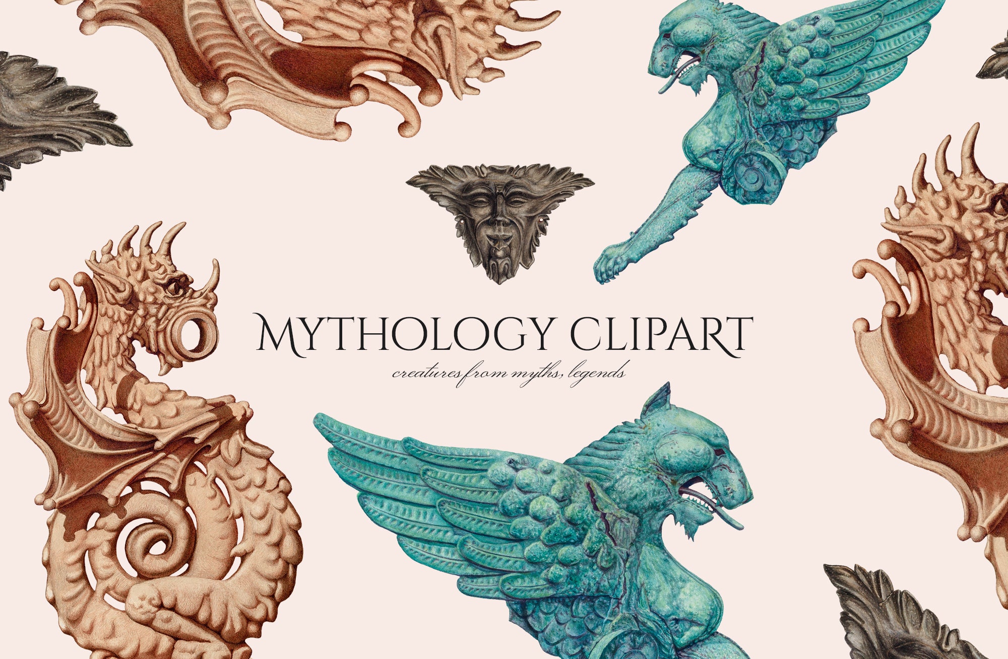 Vintage Mythology Clipart in PNG Mythical Creature Griffin - Etsy