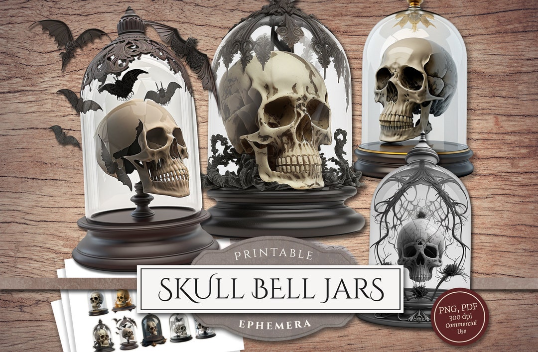 Printable Skull Bell Jars (PNG & PDF Collage Sheet), Clipart, Fussy Cut ...