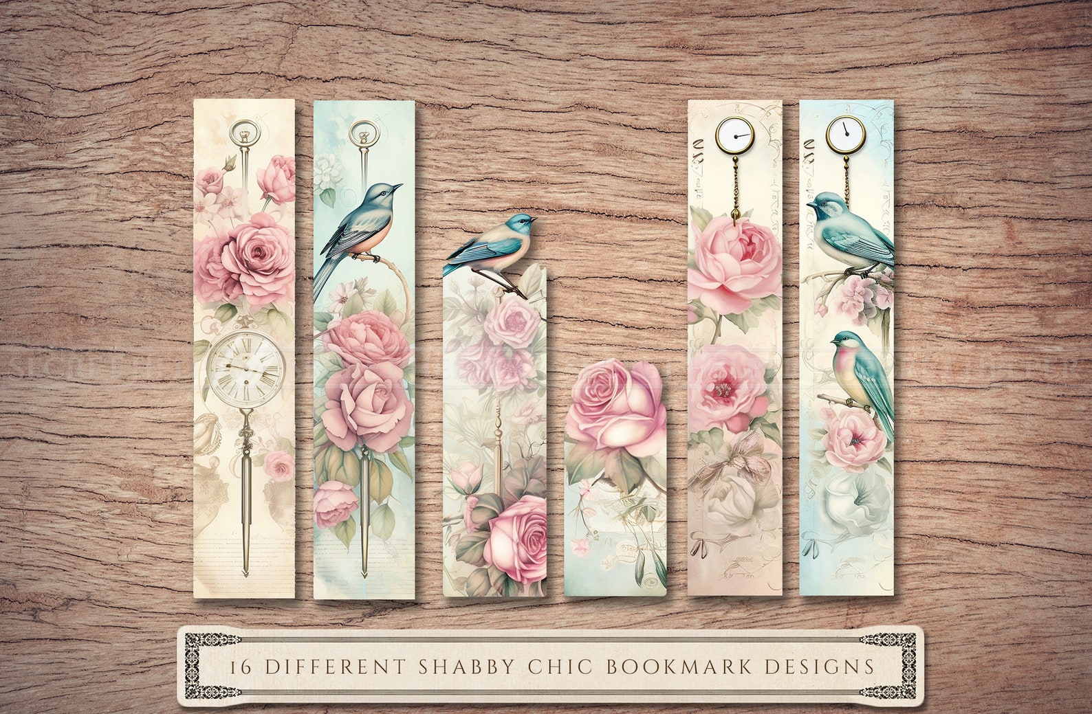 Printable Shabby Chic Bookmarks JPG Collage Sheet, Rose, Clock & Bird ...