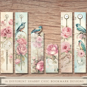 Printable Shabby Chic Bookmarks (JPG Collage Sheet), Rose, Clock & Bird ...