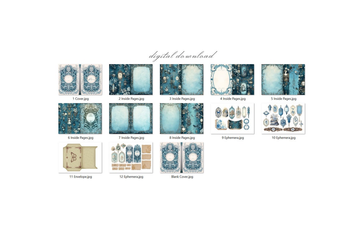 Blue Junk Journal Kit (printable JPG Pages With Ephemera, Tags ...