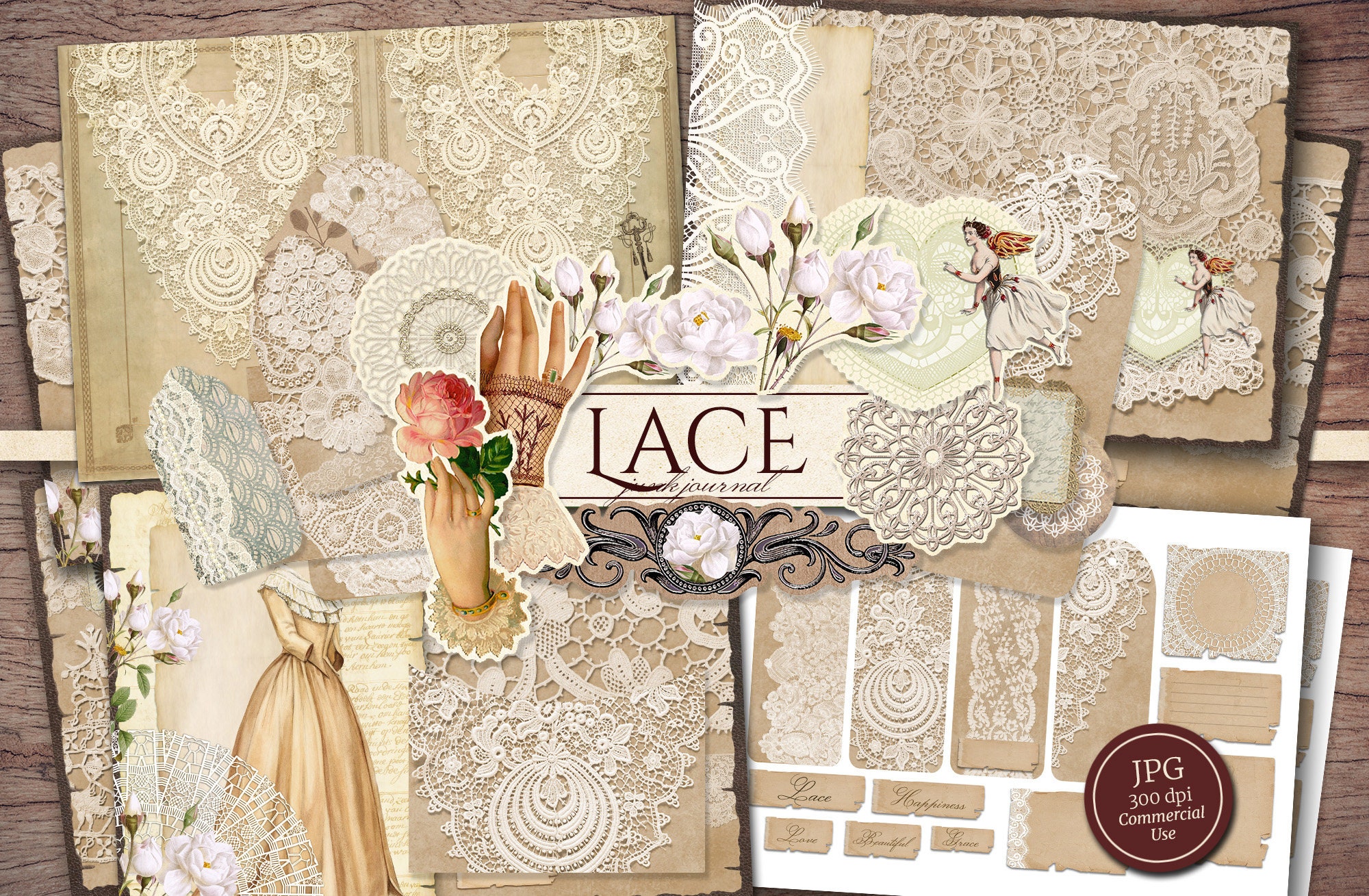 Lace Junk Journal Kit printable JPG Pages With Ephemera - Etsy