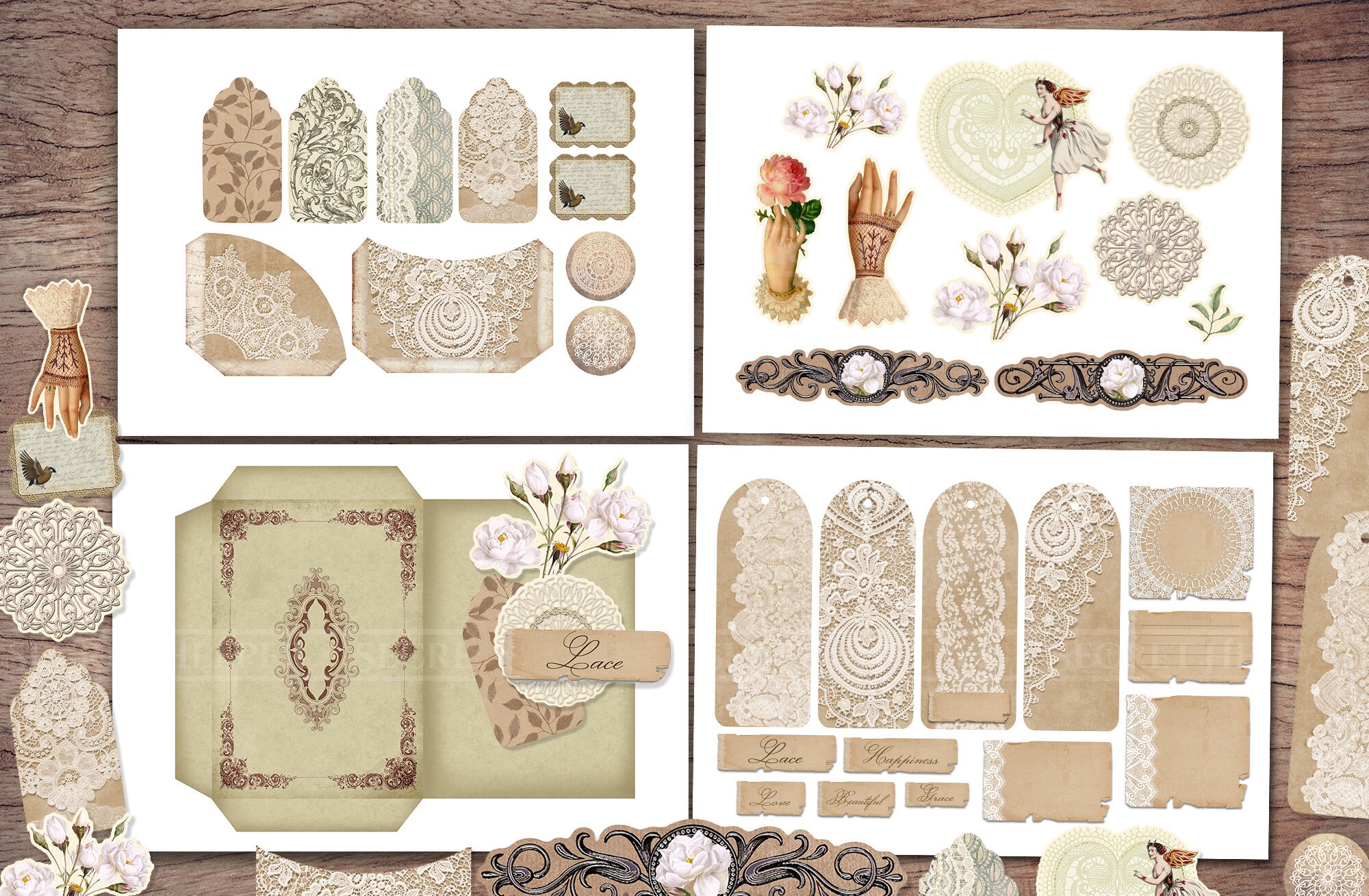 Lace Junk Journal Kit (printable JPG Pages With Ephemera, Cover ...