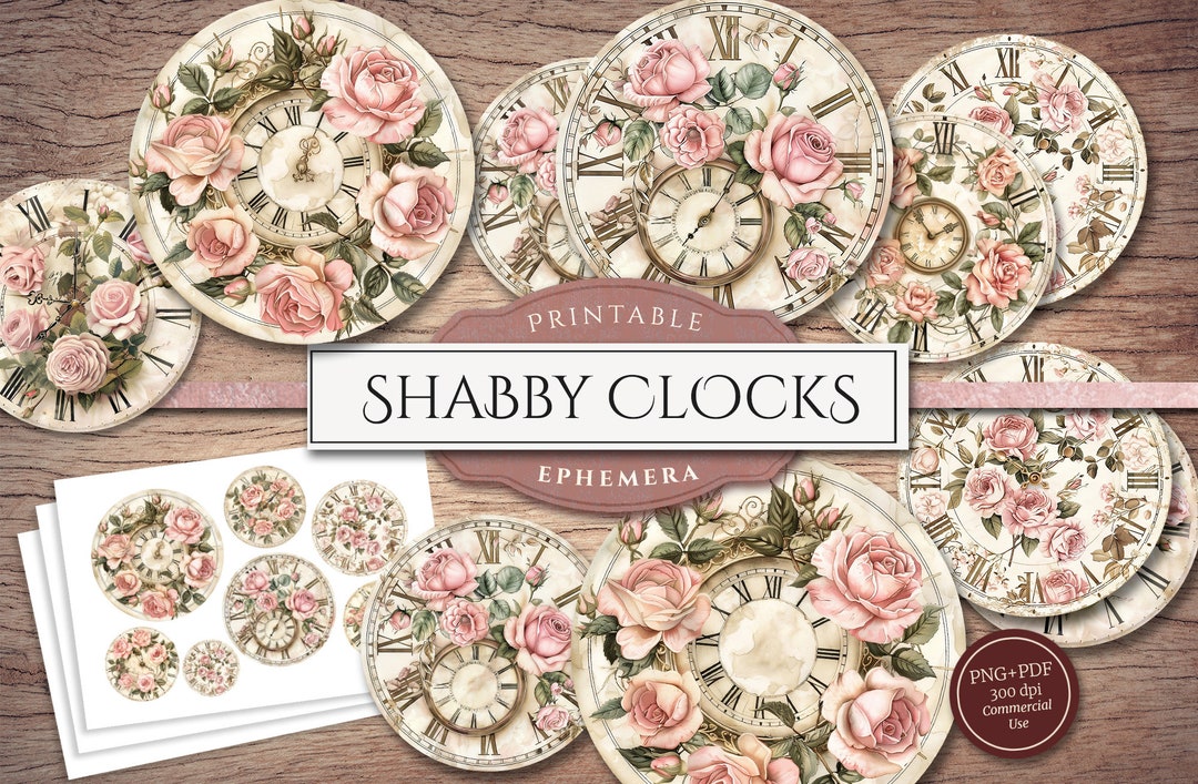 Shabby Chic Clocks (PNG Overlays + PDF Collage Sheet), Clipart, Printable Fussy Cuts, With ...