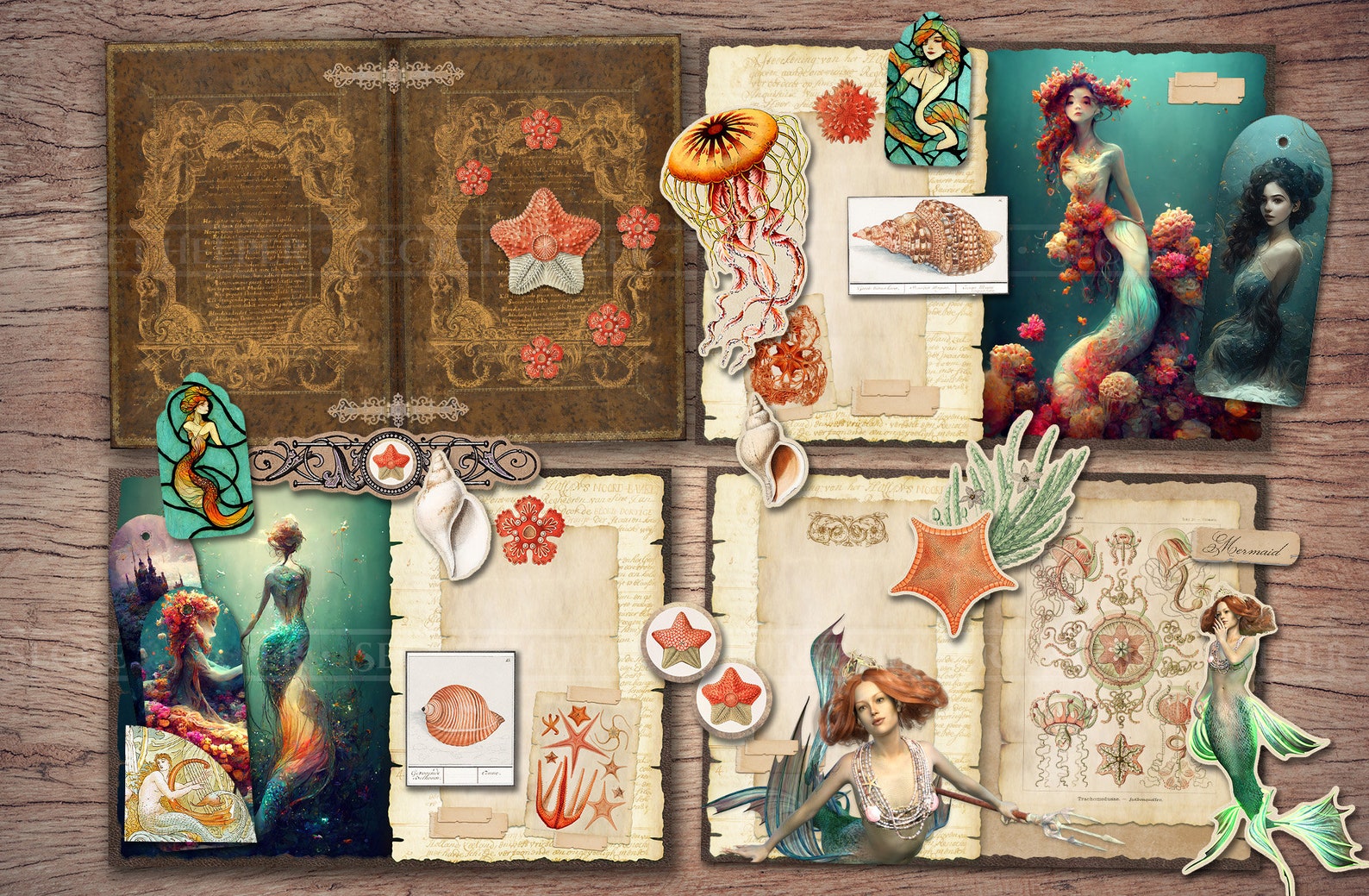 Mermaid Junk Journal Kit (printable JPG Pages With Ephemera, Cover ...