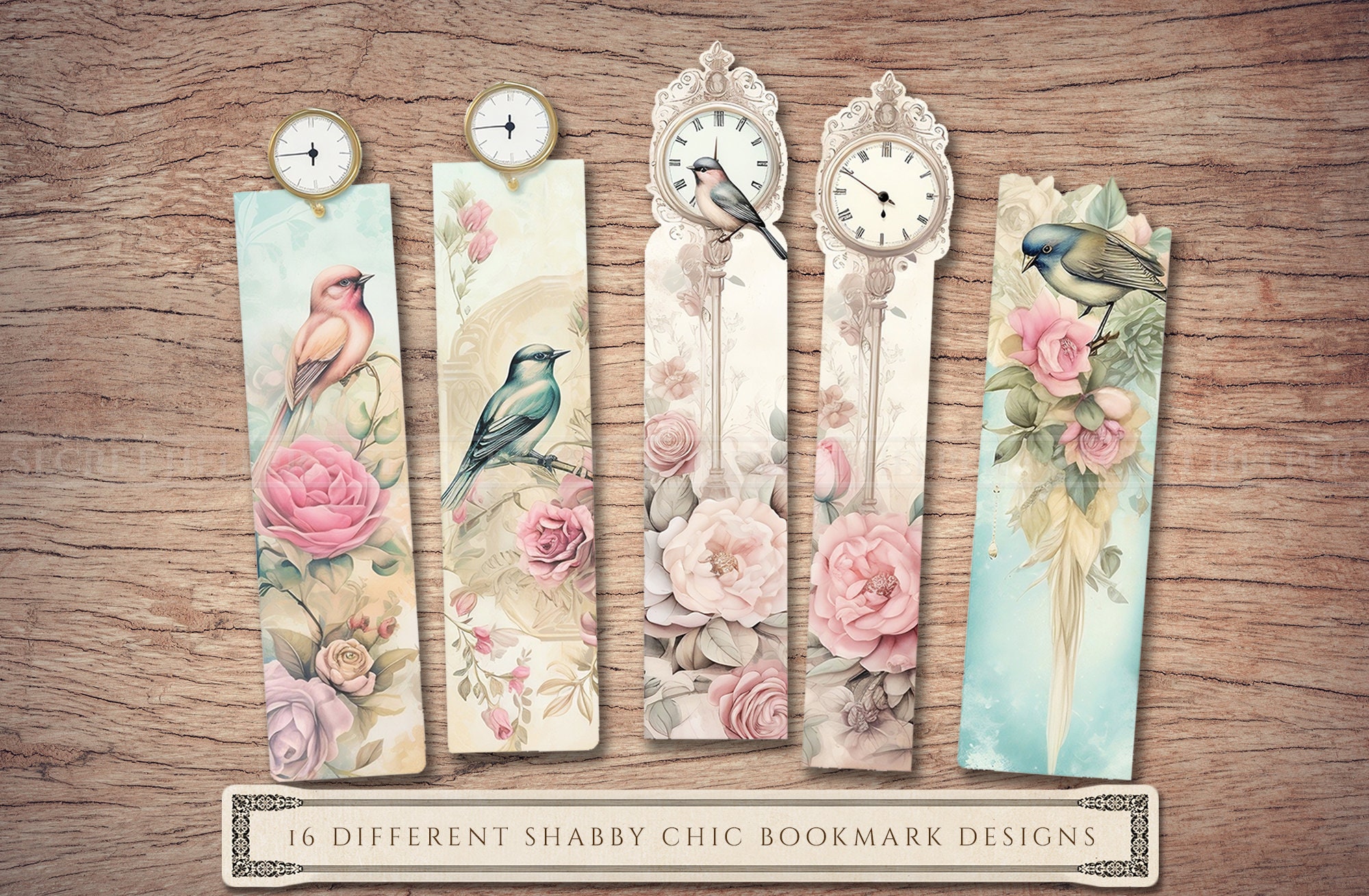 Printable Shabby Chic Bookmarks (JPG Collage Sheet), Rose, Clock & Bird ...