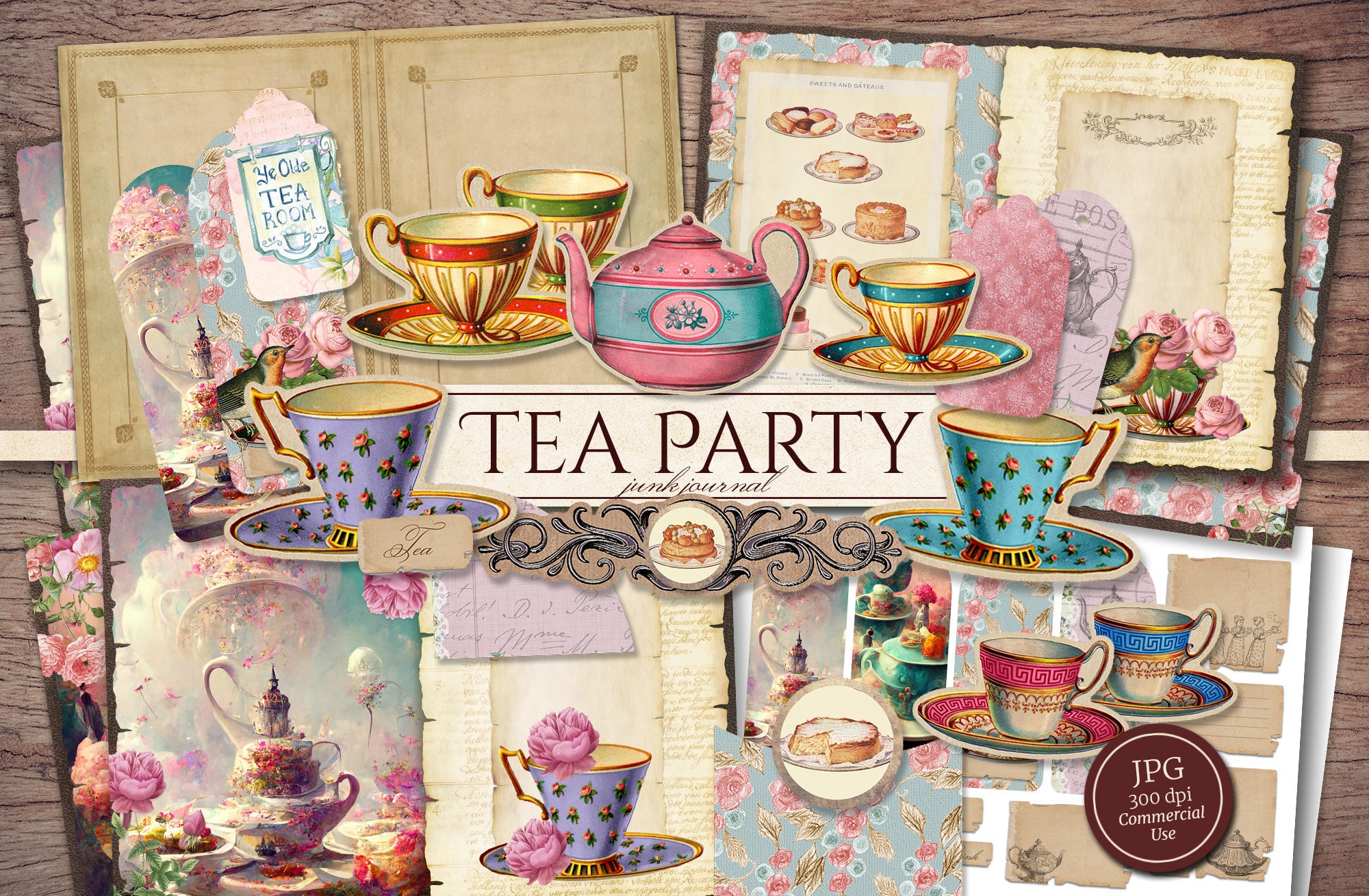 Tea Party Junk Journal Kit (printable JPG Pages With Ephemera, Cover ...