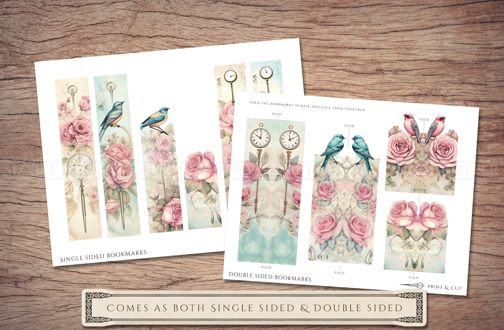 Printable Shabby Chic Bookmarks (JPG Collage Sheet), Rose, Clock & Bird ...