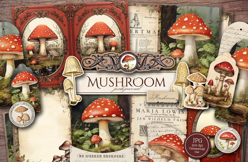 Mushroom Junk Journal Kit (printable JPG Pages With Ephemera, Tags ...