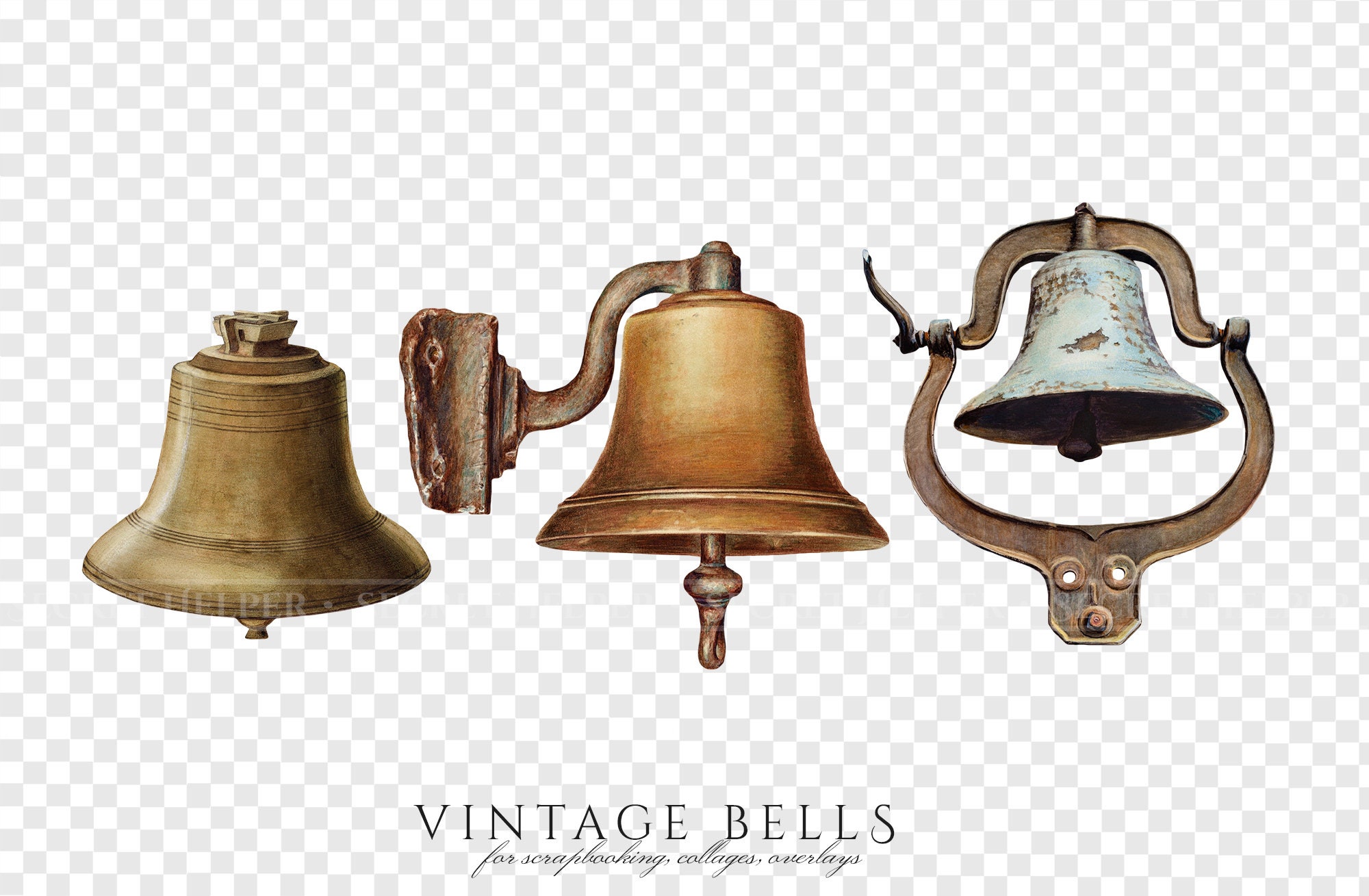 Vintage Bells Clipart in PNG Antique Illustrations Hand - Etsy Israel