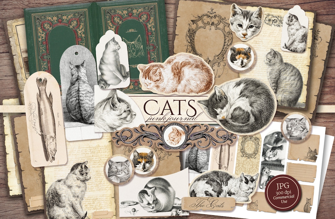 Cats Junk Journal Kit (printable JPG Pages With Ephemera, Cover ...
