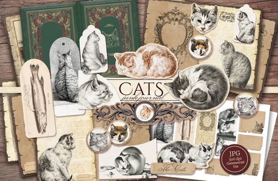 Cats Junk Journal Kit printable JPG Pages With Ephemera - Etsy