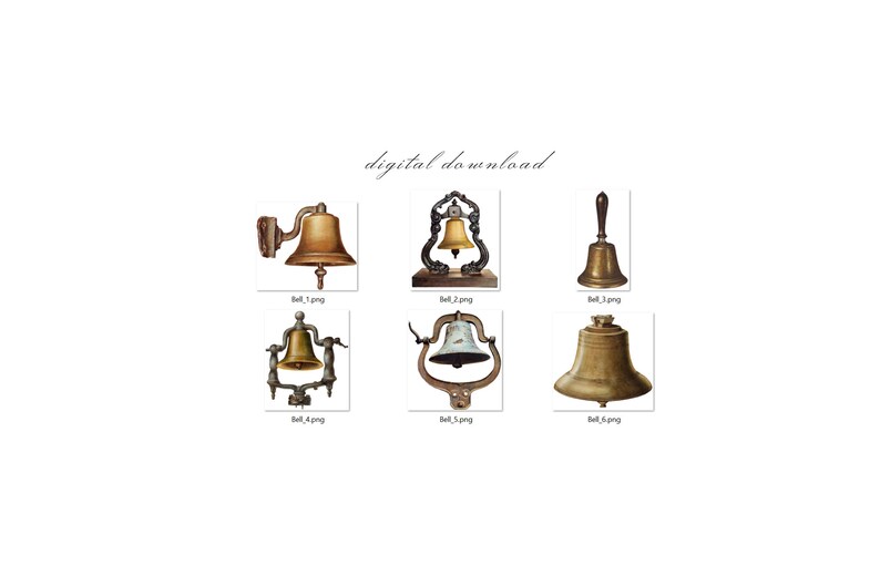 Vintage Bells Clipart in PNG, Antique Illustrations, Golden Bronze ...