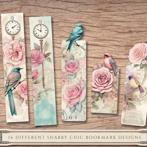 Printable Shabby Chic Bookmarks (JPG Collage Sheet), Rose, Clock & Bird ...