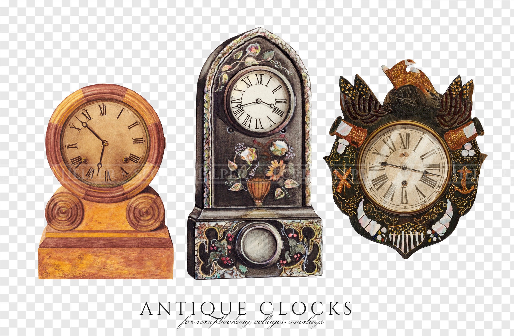 Vintage Clock Clipart in PNG, Antique Illustrations of Timepieces for ...