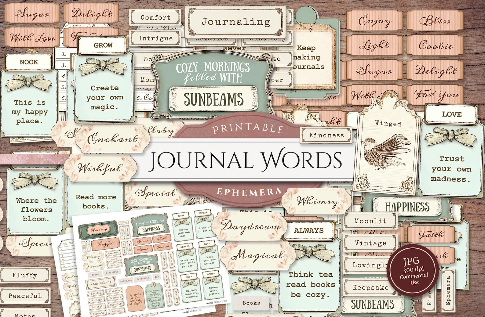 Pastel Journal Words (printable JPG Collage Sheets), Cozy Phrases for ...
