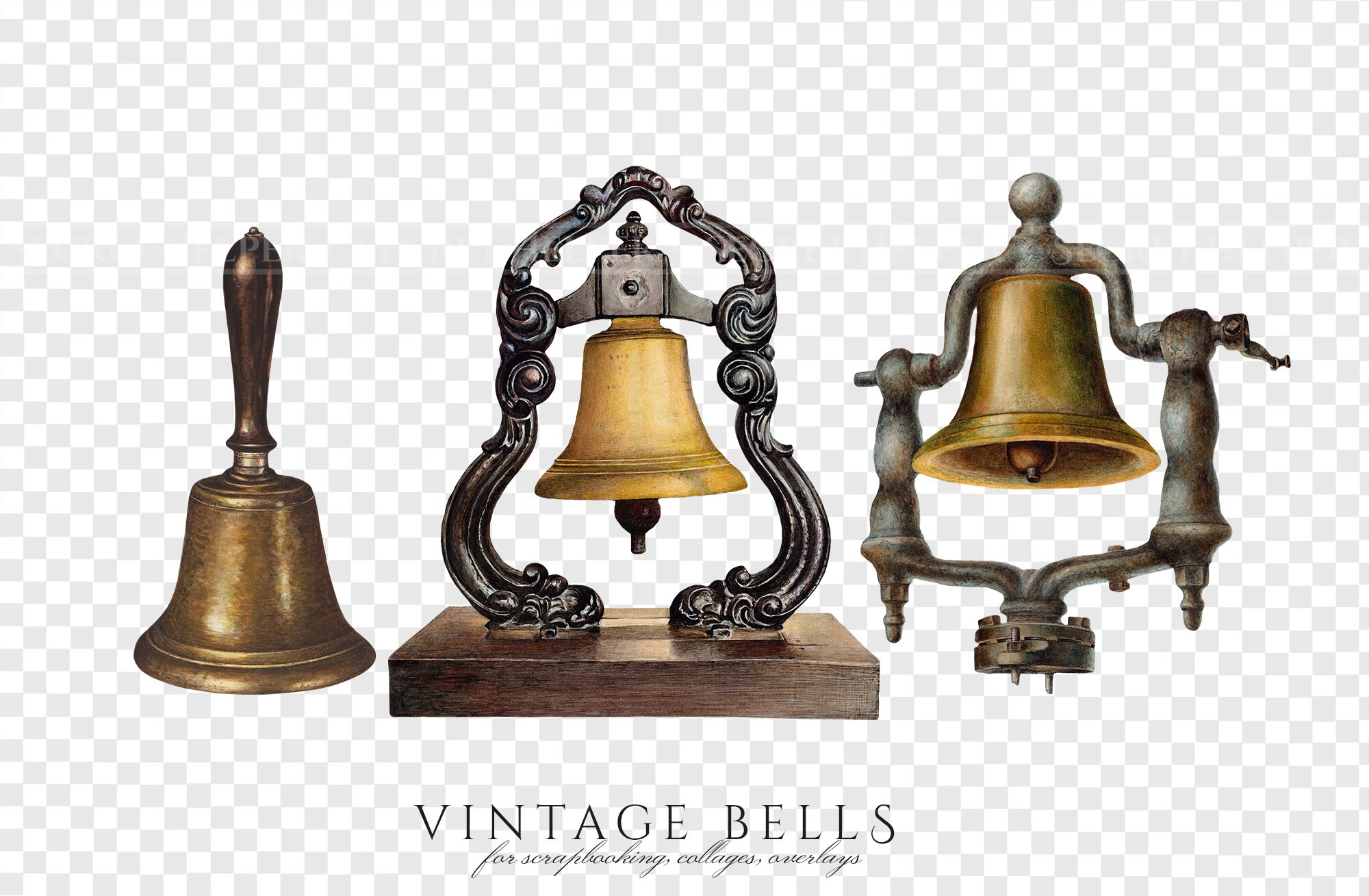 Vintage Bells Clipart in PNG Antique Illustrations Hand - Etsy Israel