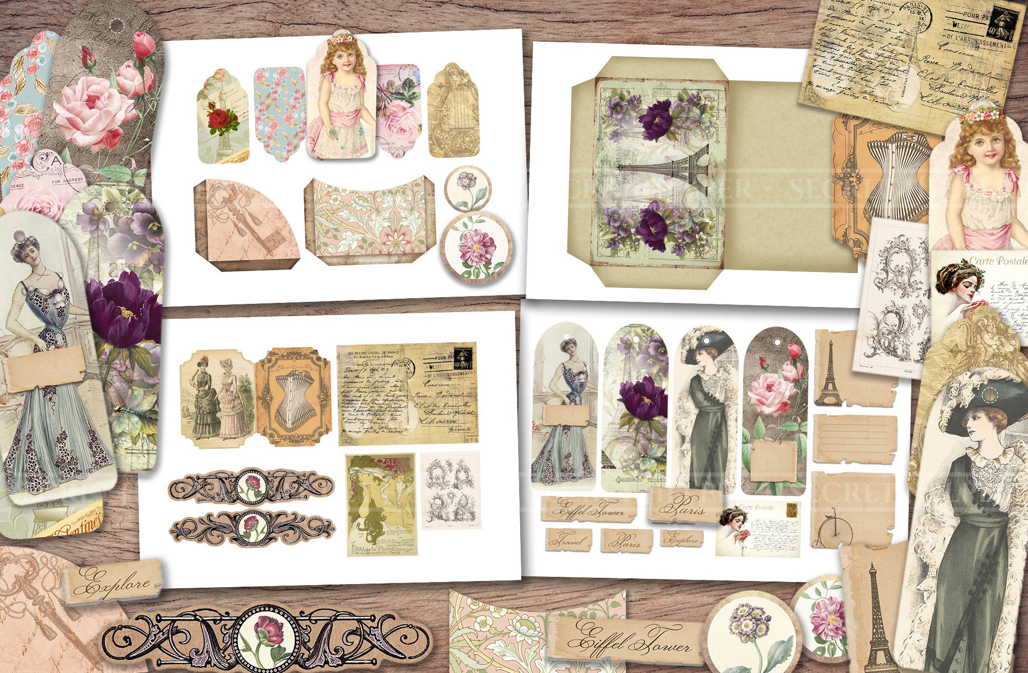 Paris Junk Journal Kit printable JPG Pages With Ephemera - Etsy