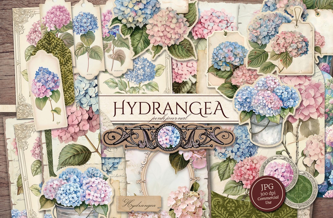 Hydrangea Junk Journal Kit (printable JPG Pages With Ephemera, Tags, Bookmark), Plant, Summer ...