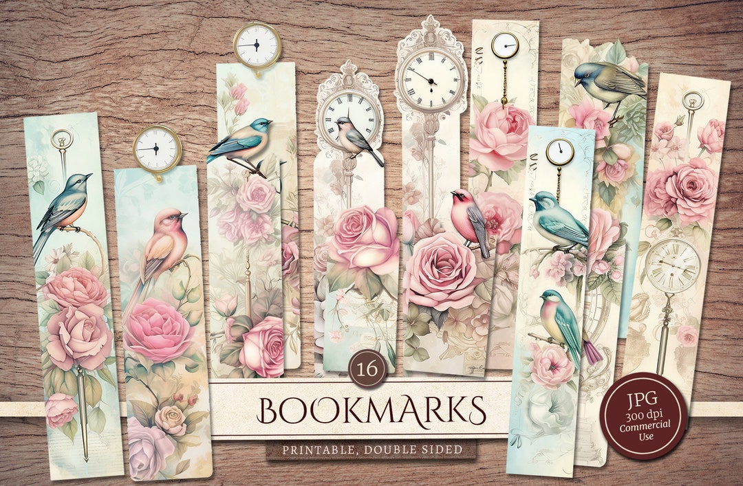 Printable Shabby Chic Bookmarks (JPG Collage Sheet), Rose, Clock & Bird ...