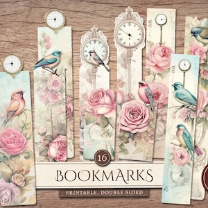 Printable Shabby Chic Bookmarks (JPG Collage Sheet), Rose, Clock & Bird ...