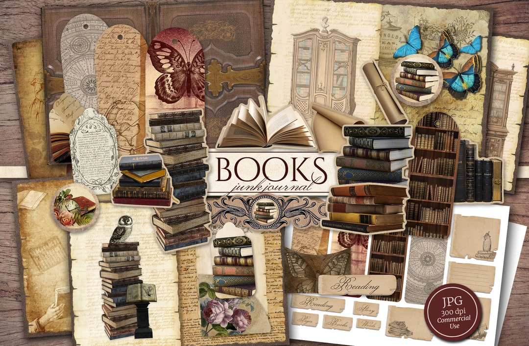 Book Junk Journal Kit (printable JPG Pages With Ephemera, Cover, Tags ...