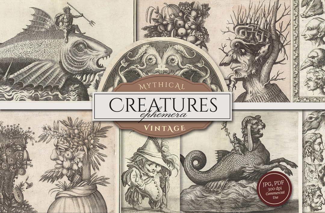Mythical Creatures Ephemera (JPG & PDF Collage Sheets), Vintage Sea ...
