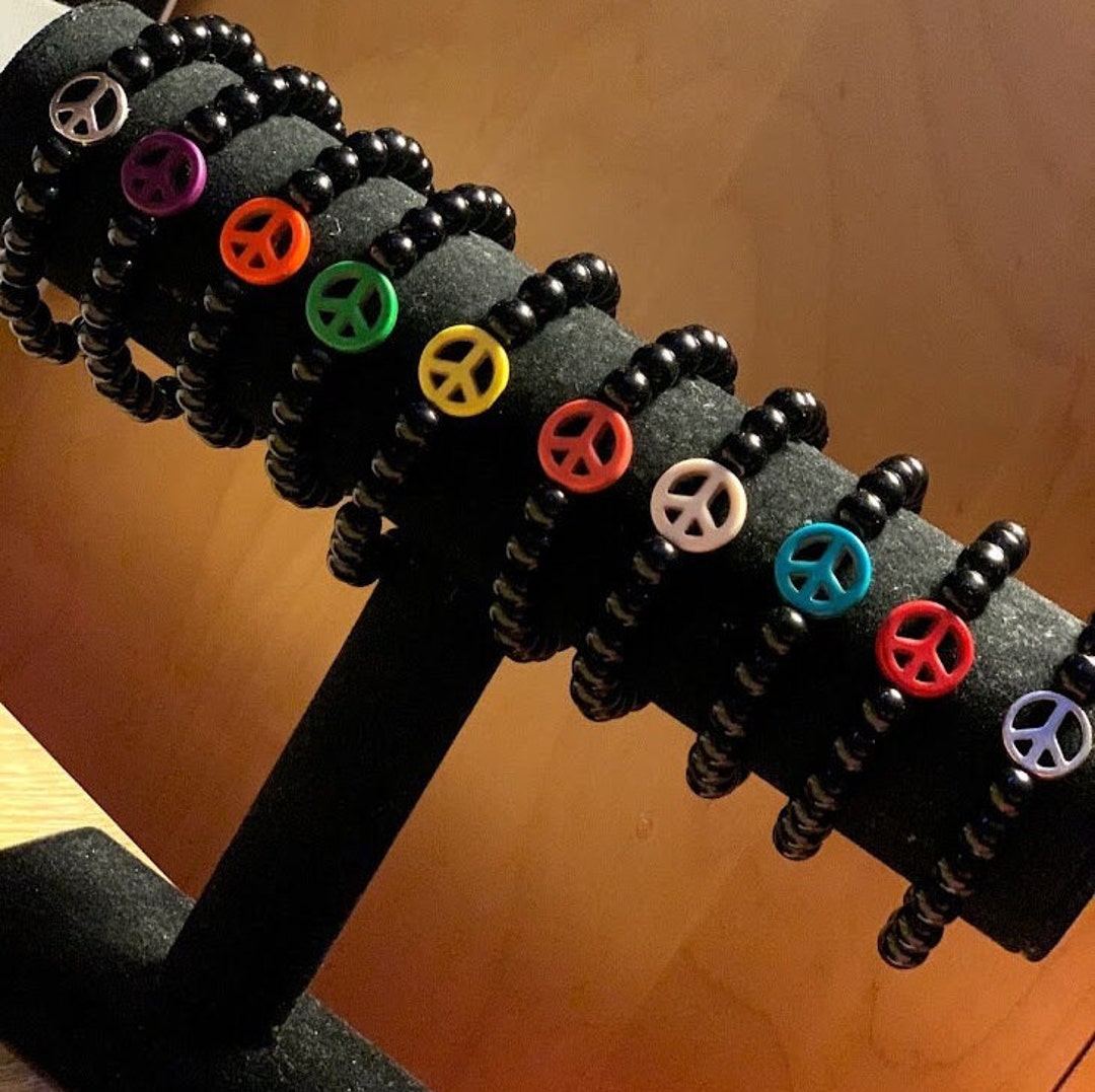 Black Beaded Peace Sign Bracelet/stylish Fun Jewelry Gift/ Peace Sign ...