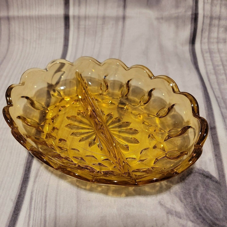 Vintage Amber Starburst Pressed Glass Divided Relish Tray / Dish 7 X 5 ...