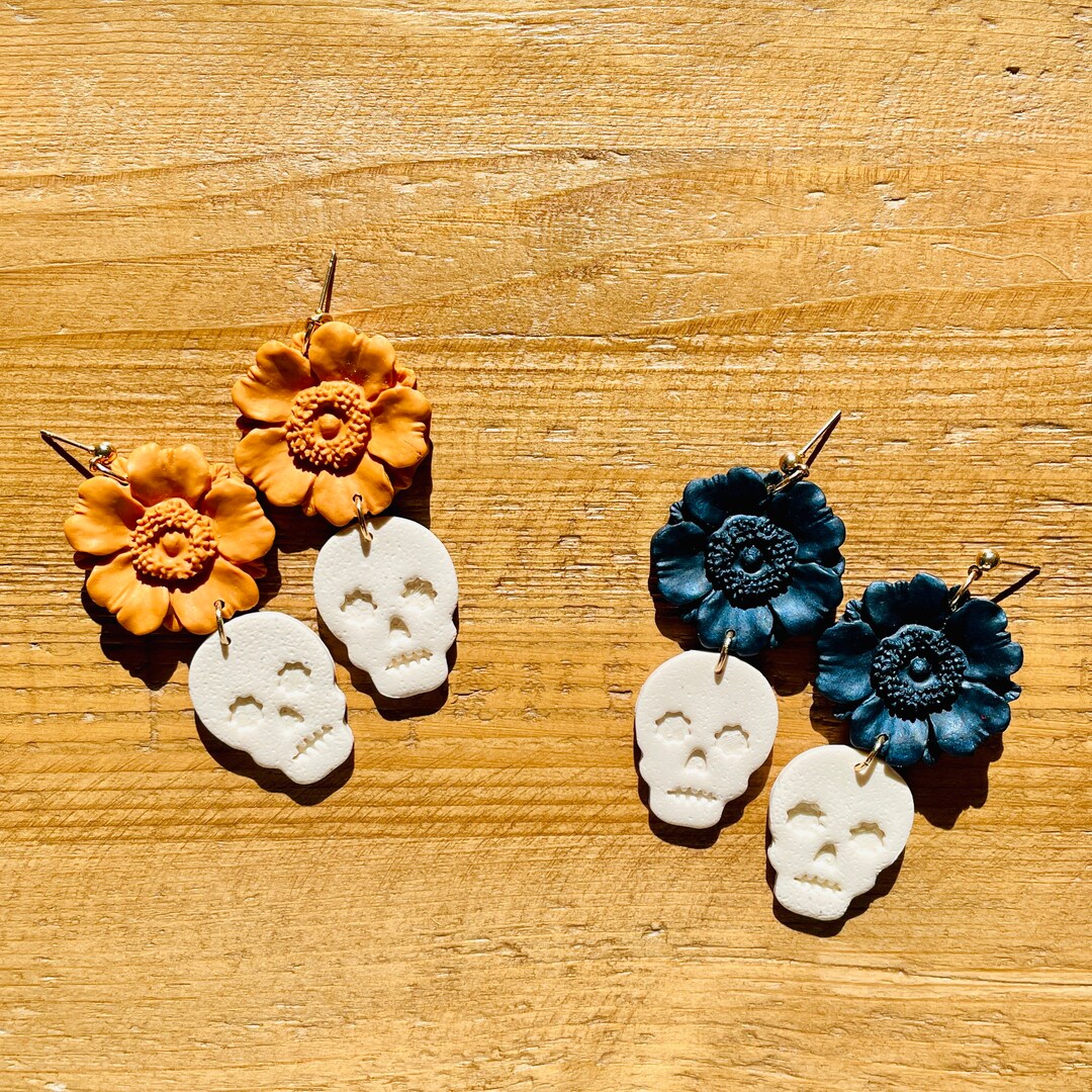 Poppy Flower Skull Dangle Earrings: Glow-in-the-dark Polymer Clay - Etsy