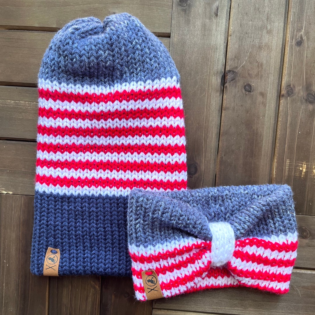 American Flag Ear Warmer and Hat, Red White and Blue Earwarmer Headband ...