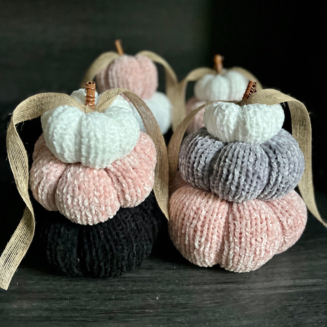 Knit Velvet Stacked Pumpkins, Colorful Fall Decor With Burlap Bow ...