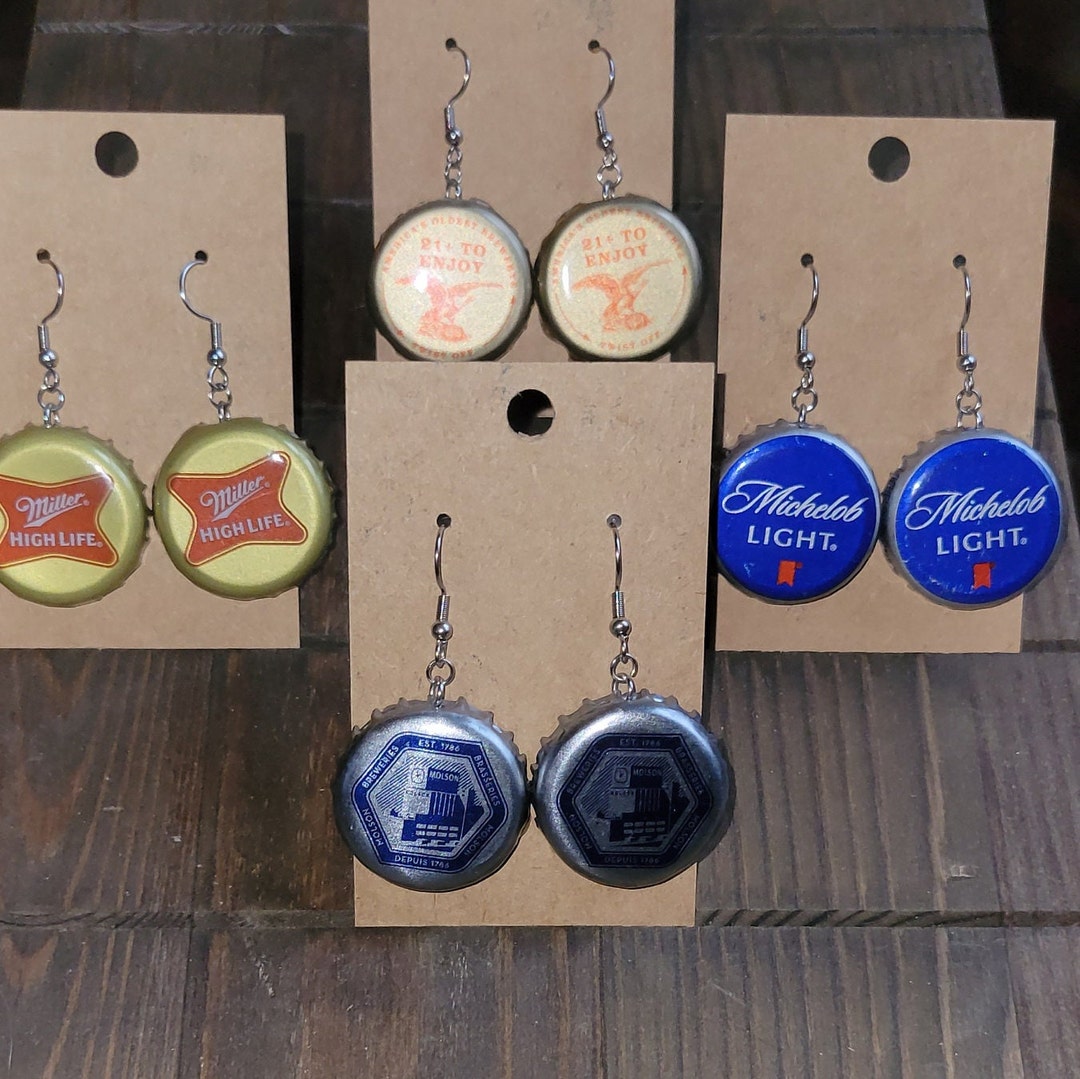 Beer Bottle Cap Earrings. Pierced Ears, Stainless Steel Hypoallergenic ...