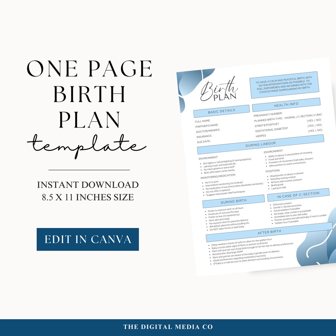 Single Page Birth Plan Template Instant Download Editable Canva ...